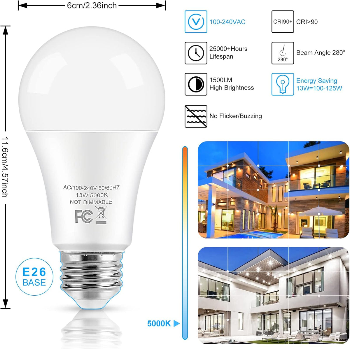 100W Equivalent LED Light Bulbs - 13W, 5000K Daylight White,E26 (30 ...
