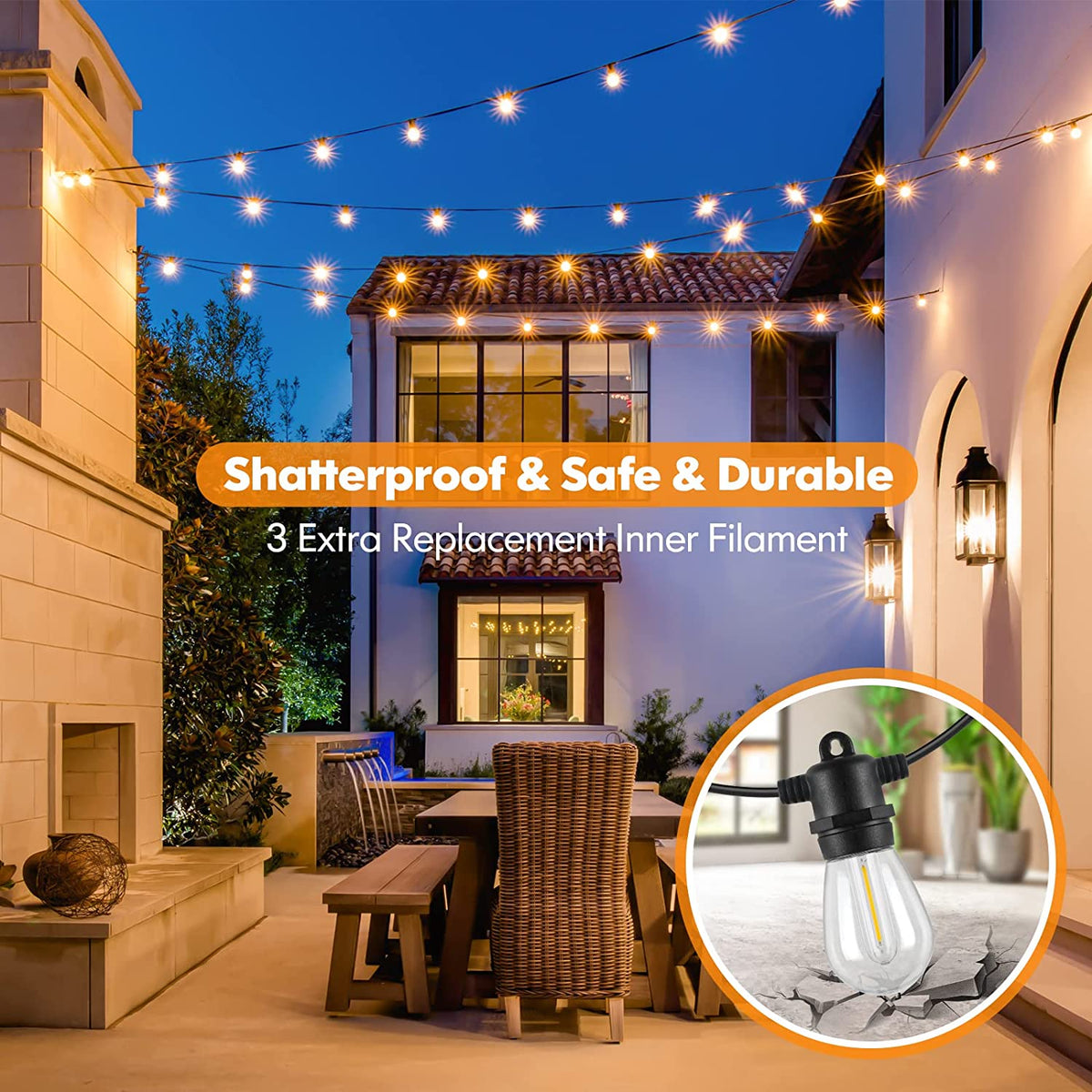 2-Pack 96FT Outdoor String Lights with Dimmable 2700K E12 LED Filament ...