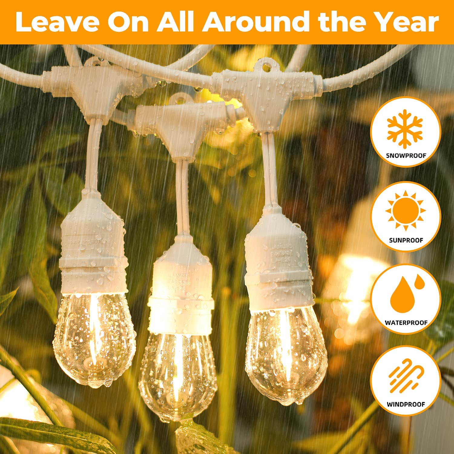 Lakumu 48FT LED Outdoor String Lights 2-Pack 2700K Warm White Bulbs ...